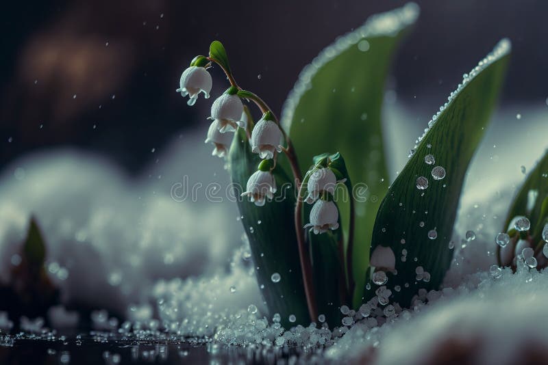 Lilly of the Valley Sprouting from Snow in Spring with Water Droplets ...