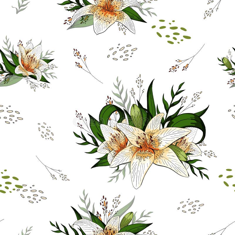Lily Bouquets and on White Elements Seamless Pattern Stock Vector ...