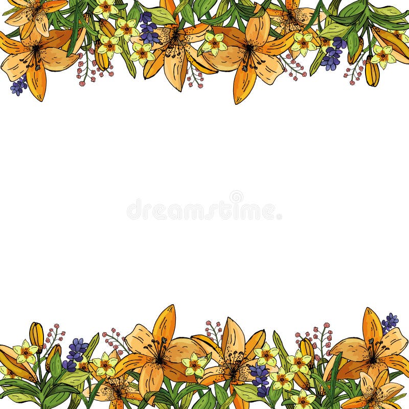 Frame of Lilies, Flowers and Leaves. Two Horizontal Flower Stripes ...