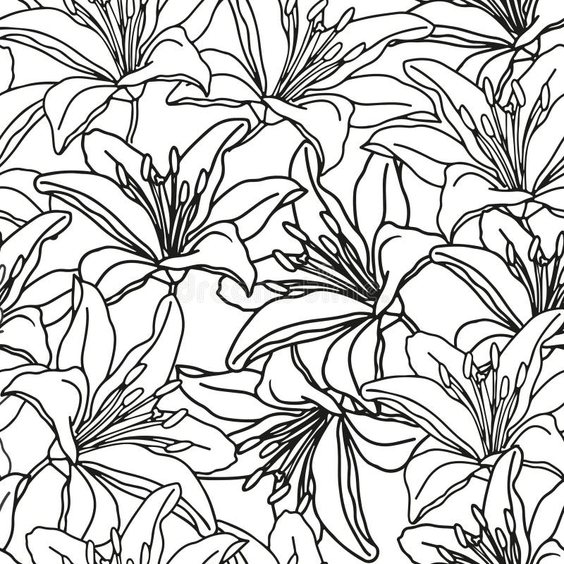 Lily Flower Hand Drawn Seamless Pattern for Textile or Wallpaper. Black ...