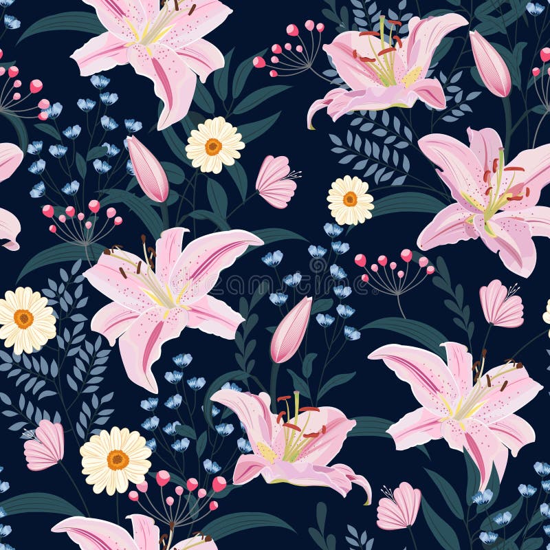 Lily Flower Seamless Pattern on Blue Background with Floral, Pink Lily Floral Stock Vector ...