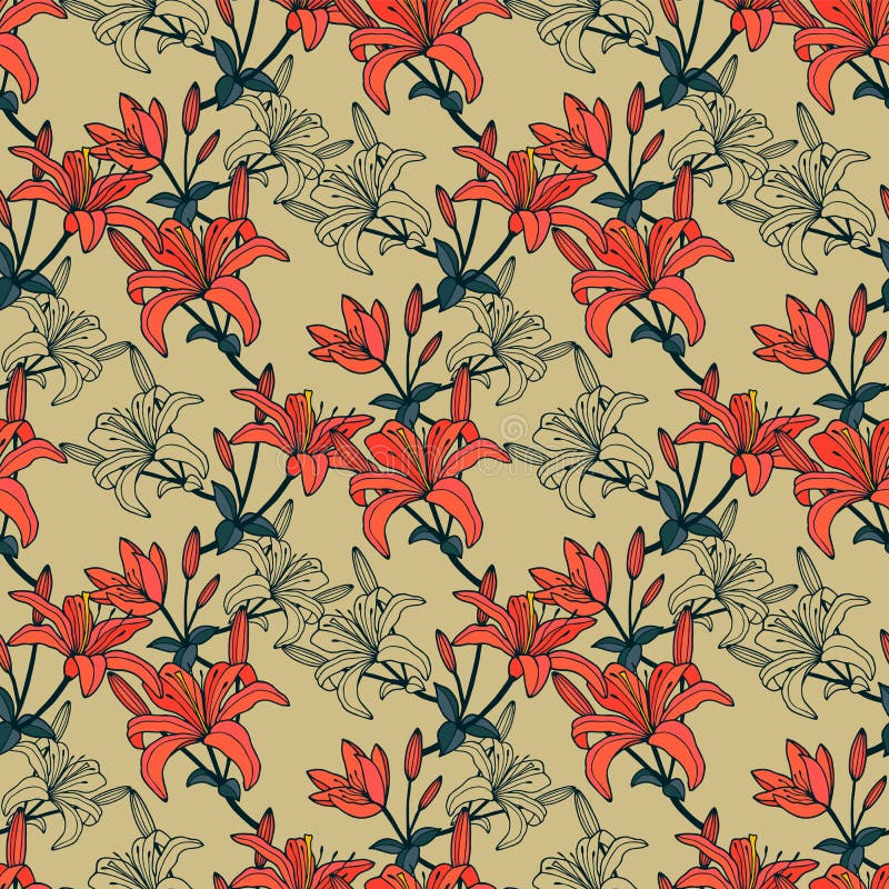 Lily Flowers Seamless Pattern. Vector Stock Illustration Eps10. Stock Vector - Illustration of ...