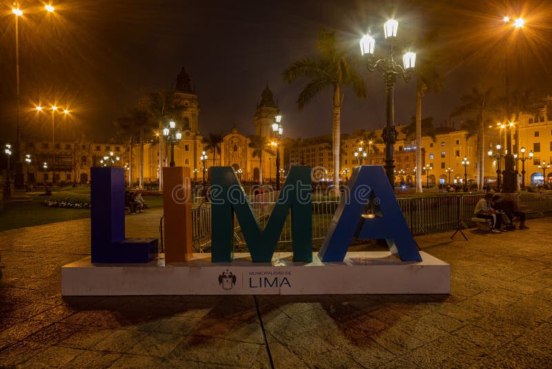 Lima Lettering at Plaza De Amaz in Lima at Night Editorial Photo ...