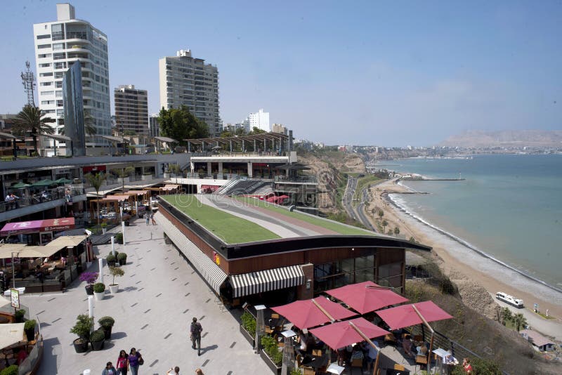LIMA, PERU - Panoramic View of Larcomar Shopping Center and the ...