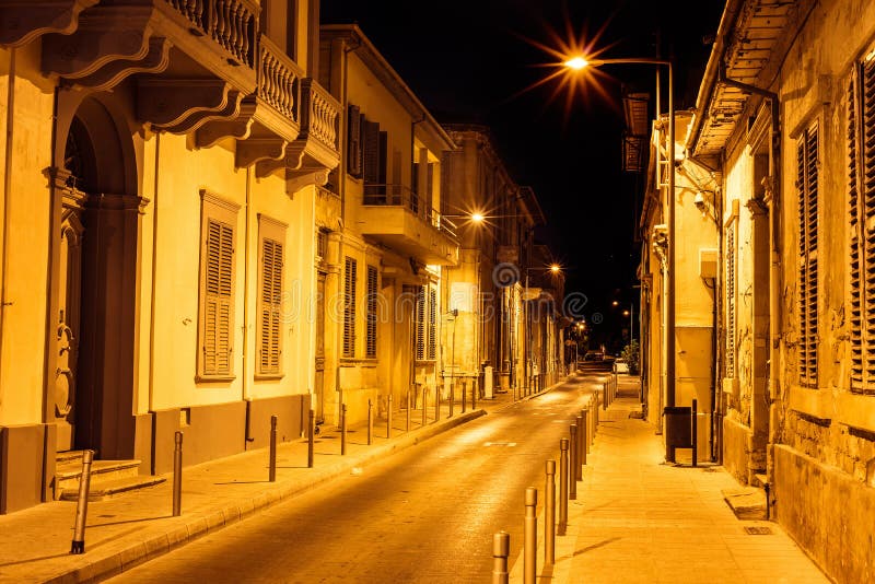 Limassol Old Town Street at Night. Cyprus Stock Photo - Image of city ...