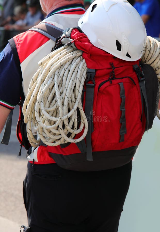 Limber with a Red Backpack and Protective Helmet Stock Image - Image of ...