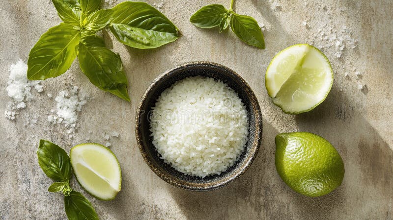 Lime, Basil, Sea Salt, Kitchen Flatlay, Recipe Stock Photo - Image of ...