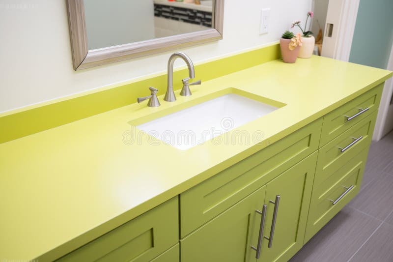 Lime Green Bathroom Cabinet with a Sleek Countertop Stock Image - Image ...