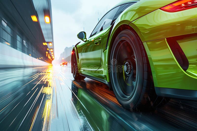 Lime Green Car on High Speed with Motion Blur. Generative AI. Stock ...
