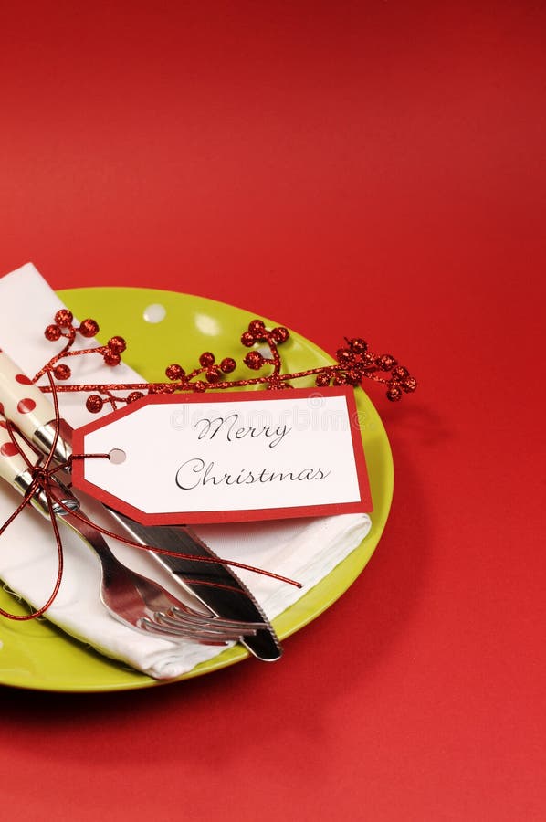 Lime Green and Red Merry Christmas Table Place Setting. Vertical with ...