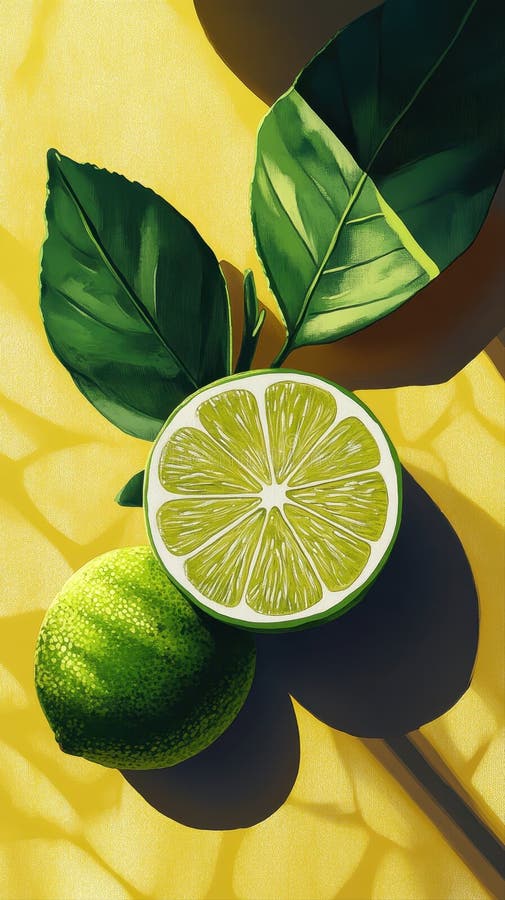 Lime with Leaf on Bright Yellow Background Creating a Fresh and ...