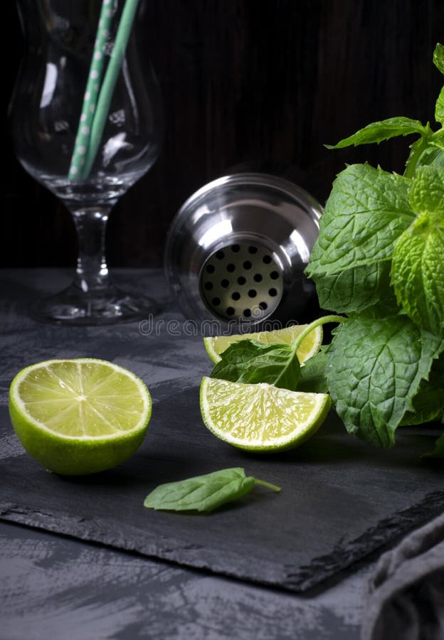 Lime, mint and shaker stock image. Image of dark, aperitif - 178588409