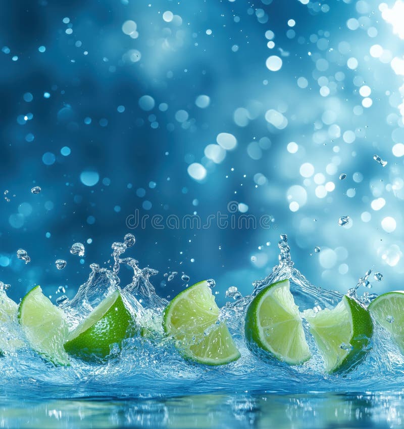 Lime Slices Splashing in Water, Vibrant Blue Background Stock Image ...