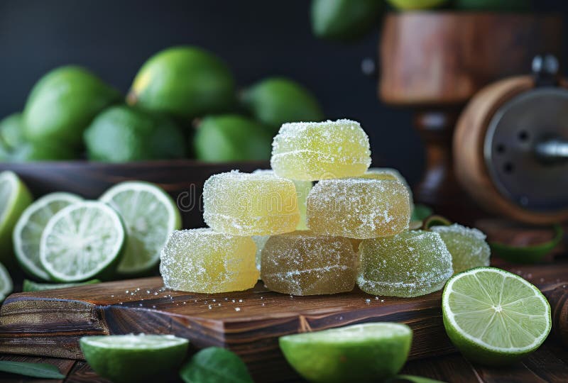 Lime Sugar Cubes and Fresh Limes on Wooden Cutting Board Stock Image ...