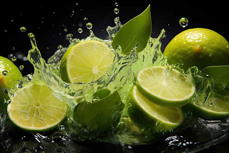 Limes Fall into Water, Whole and Cut Limes in Splashes of Water. Stock ...