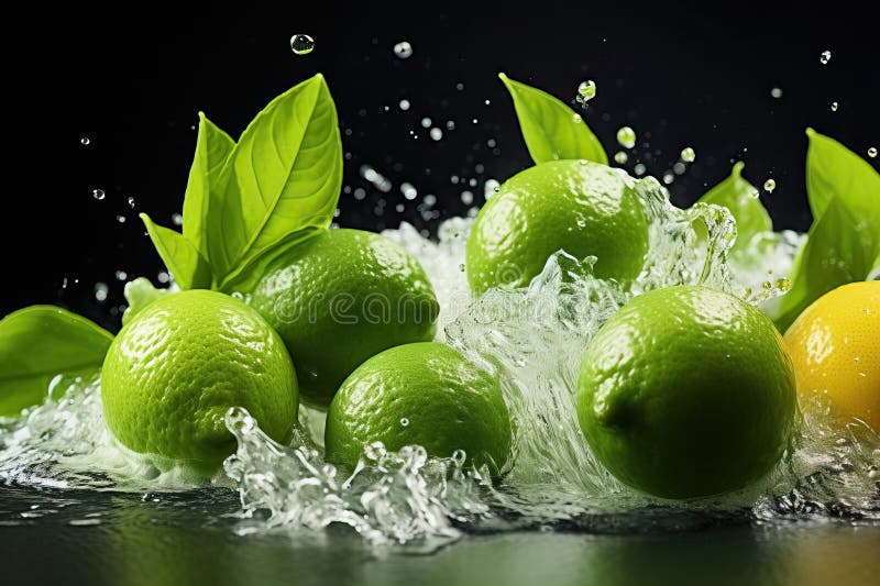 Limes Fall into Water, Whole and Cut Limes in Splashes of Water. Stock ...