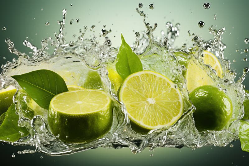 Limes Fall into Water, Whole and Cut Limes in Splashes of Water. Stock ...