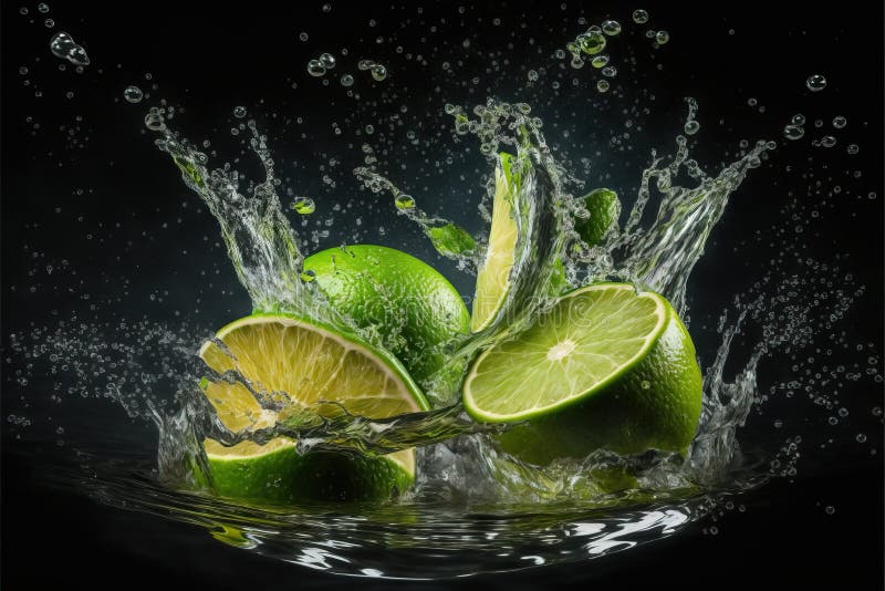 Limes are Splashing into the Water with Lime Slices on the Side of the ...