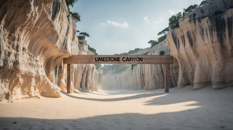 Limestone Canyon Features Towering Cliffs with a Sandy Pathway in a ...