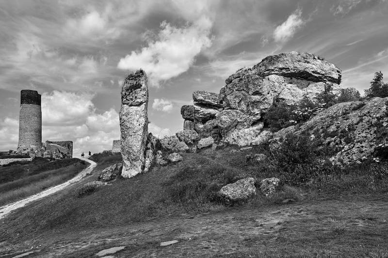 Limestone Rocks and Ruins of a Medieval Castle with a Tower in Olsztyn ...