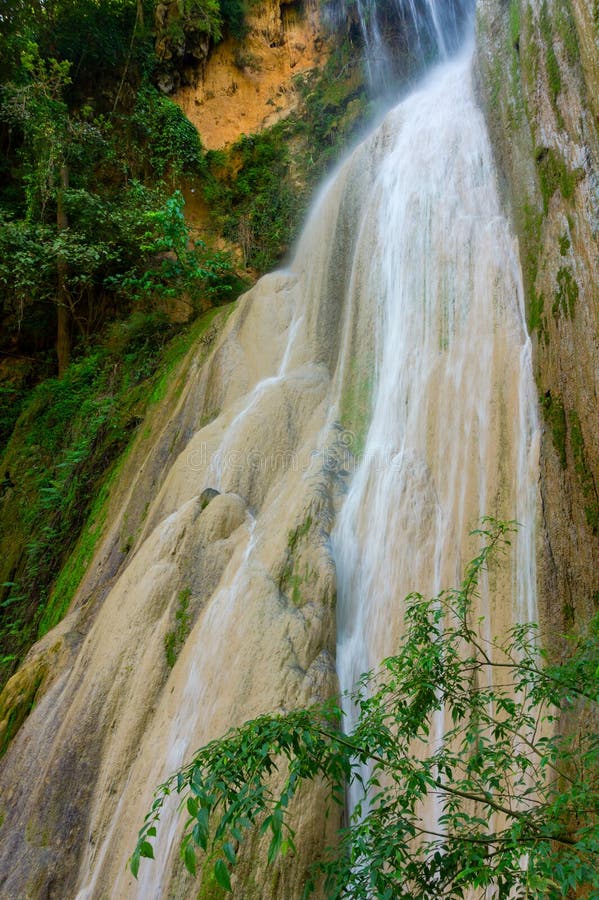 Limestone Waterfall in Green Forest Stock Image - Image of beautiful ...