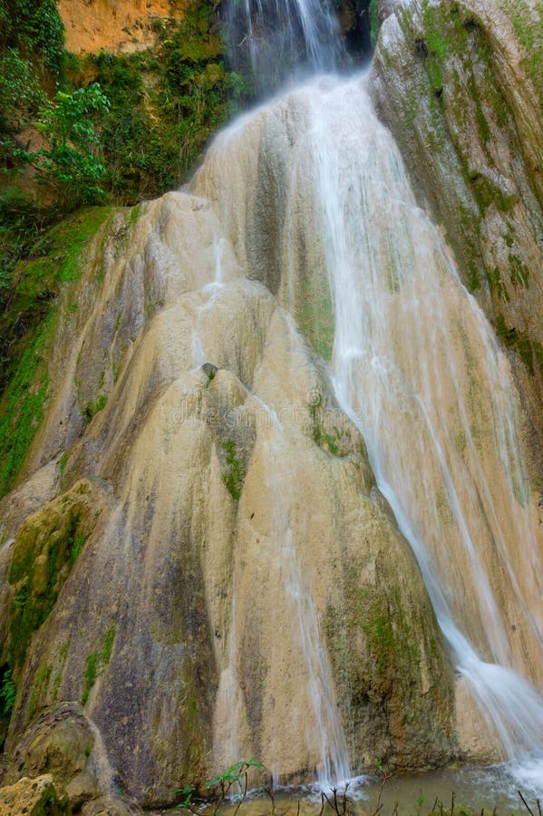 Limestone Waterfall in Green Forest Stock Image - Image of water ...