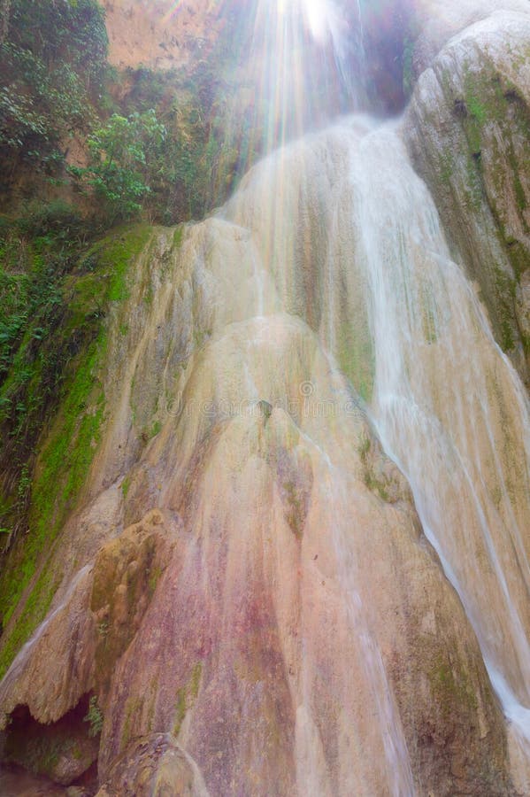 Limestone Waterfall in Green Forest Stock Photo - Image of green ...