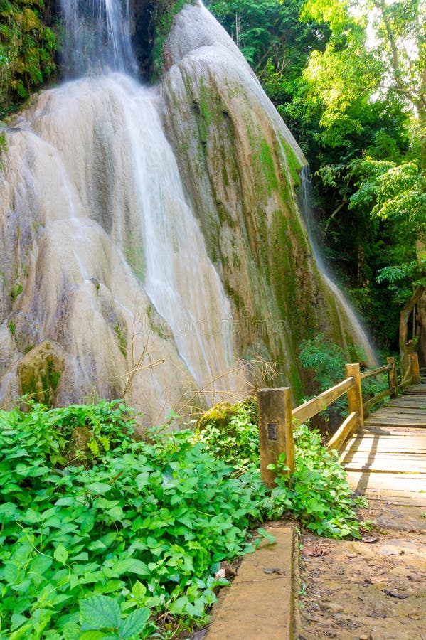 Limestone Waterfall in Green Forest Stock Image - Image of forest, soft ...