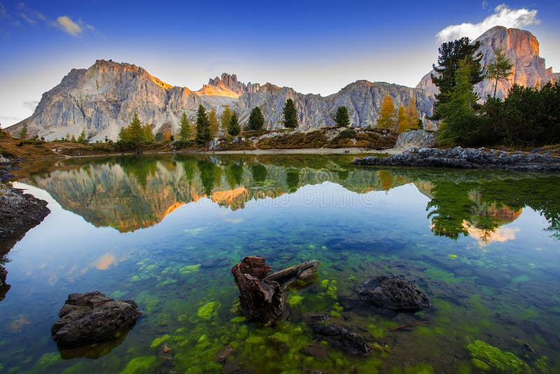 Limides Lake and Mount Lagazuoi, Dolomites Stock Image - Image of ...