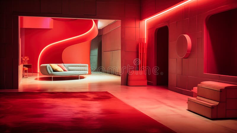 Liminal Space with Red Walls, Carpet and Sofa Stock Illustration ...