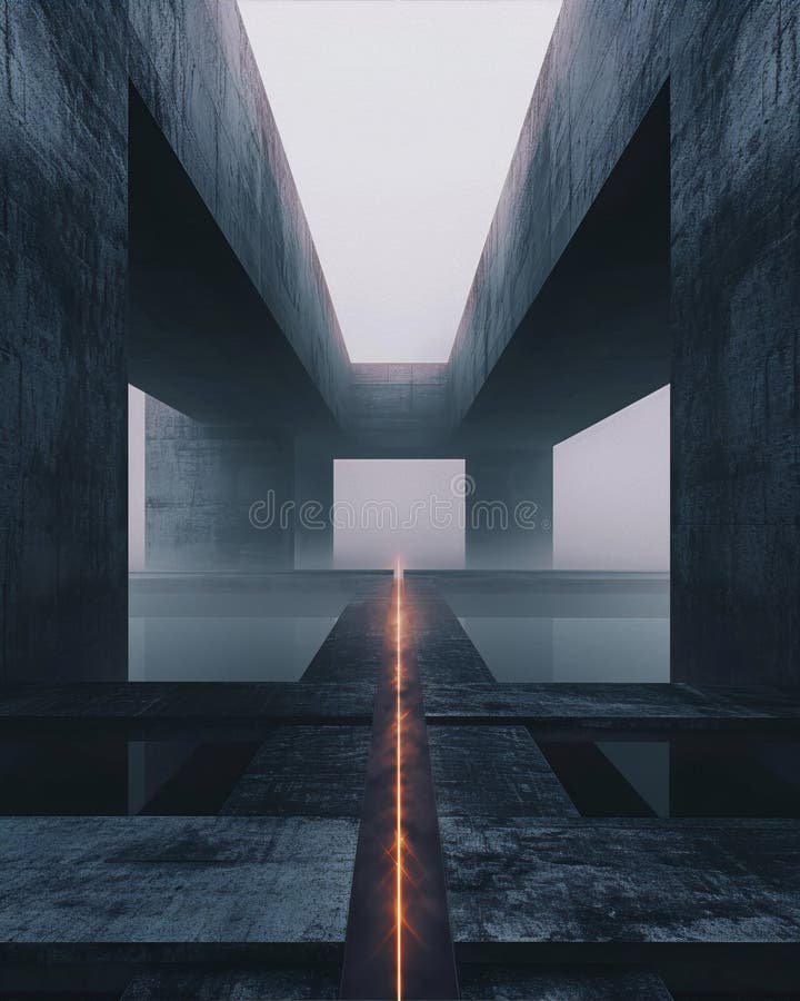 Liminal Space Rendered in 3d Showing a Long Concrete Hallway with an ...