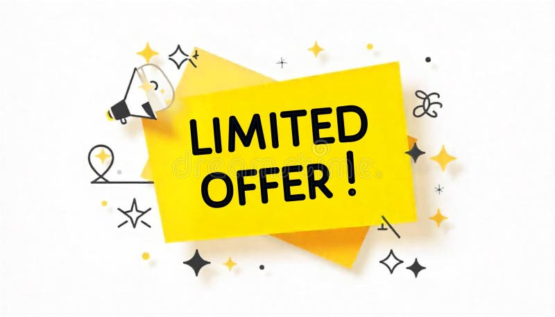 Limited Offer Vector Yellow Banner with Megaphone Icon in Modern Flat ...