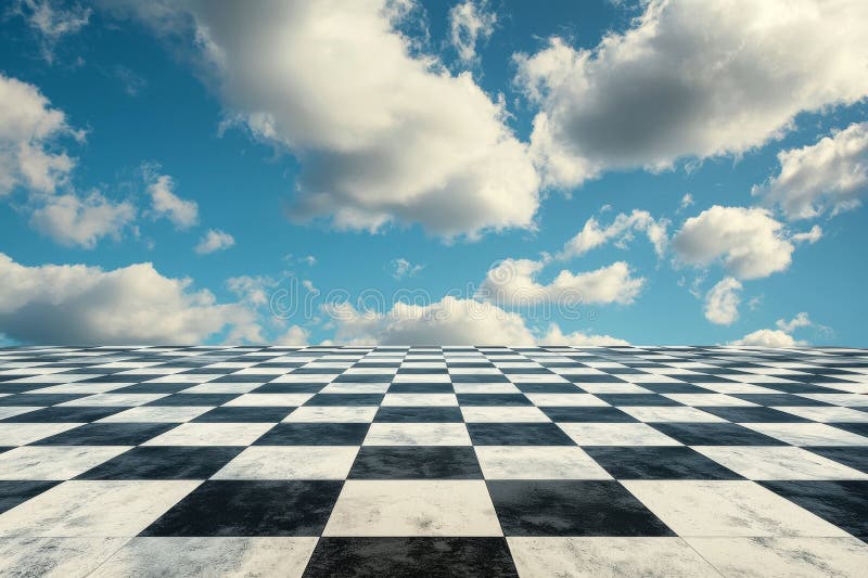 A Limitless and Surreal Checkerboard Floor Under a Blue Sky with Clouds ...