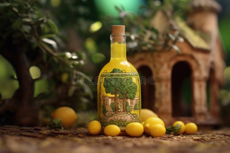 Limoncello Bottle with Cork, Surrounded by Lemon Trees Stock ...