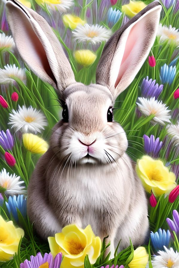 Lindo conejo con flores stock de ilustración. Ilustración de mascota ...