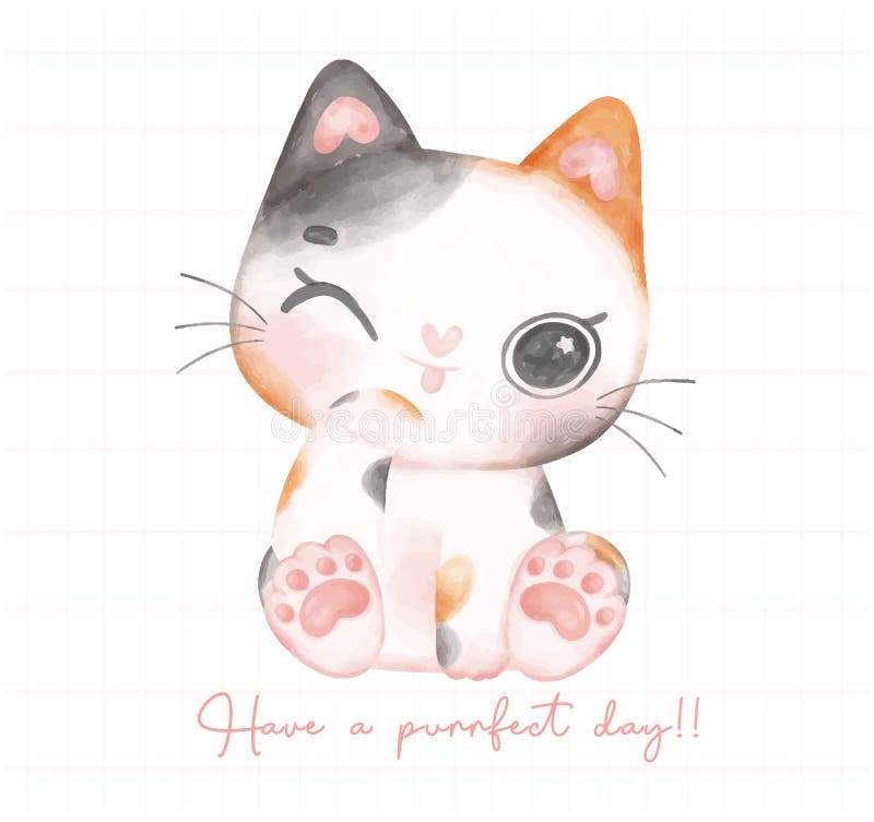 Lindo Gato De Calico Lamiendo Pintura Dibujos Animados De Acuarela