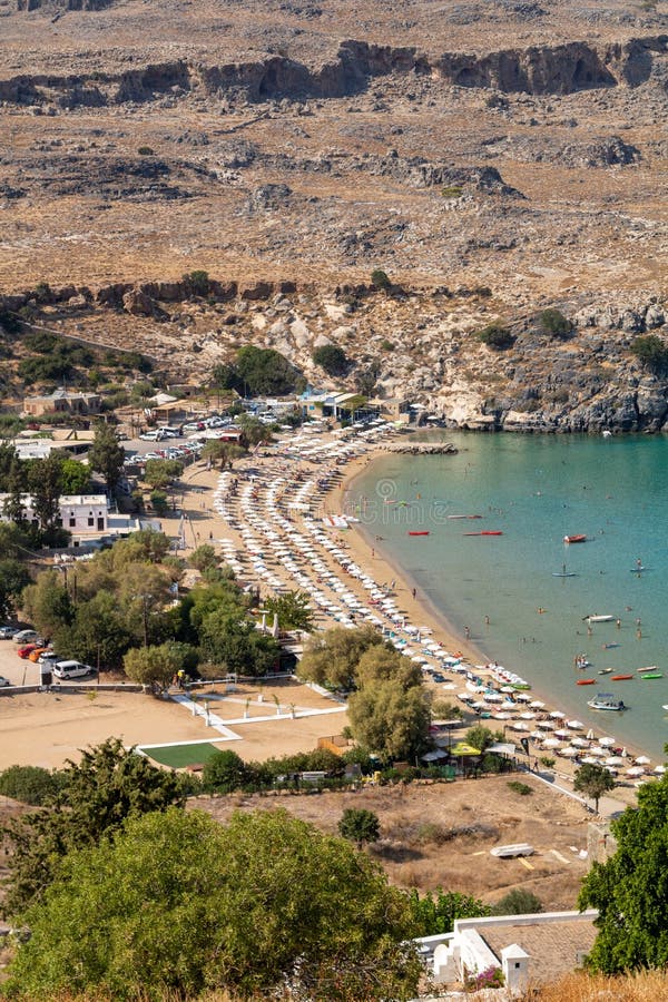 Lindos Beach in Rhodes editorial stock photo. Image of coast - 225022618