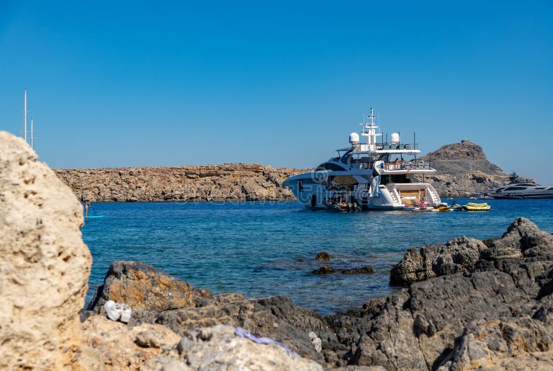Lindos Beach Yacht stock photo. Image of outdoors, nature - 372189566