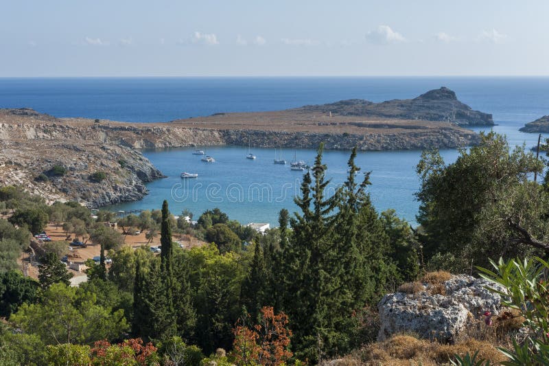 Lindos, Greece stock image. Image of rocks, coast, landscape - 130634473