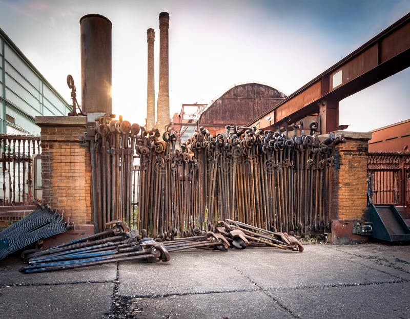 A Line of Abandoned Tools by a Locked Factory Gate, Symbolizing ...