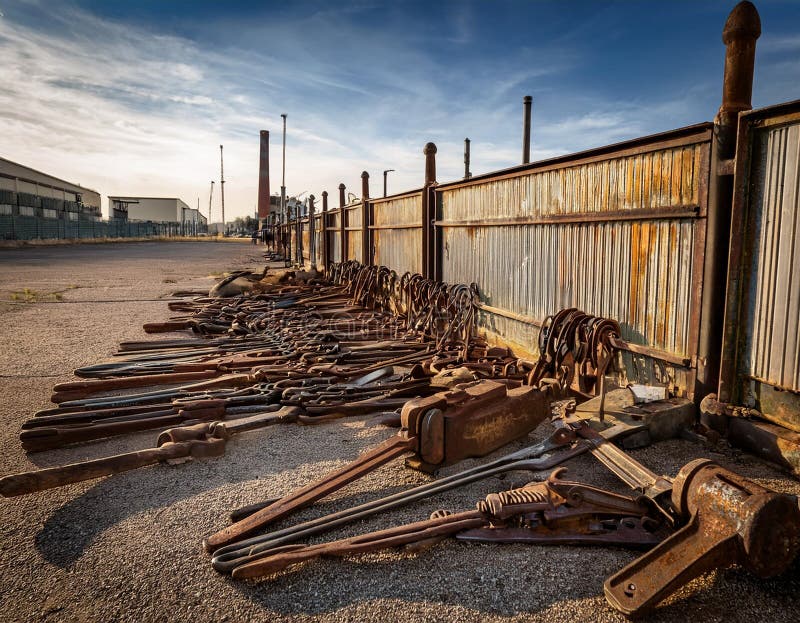 A Line of Abandoned Tools by a Locked Factory Gate, Symbolizing ...