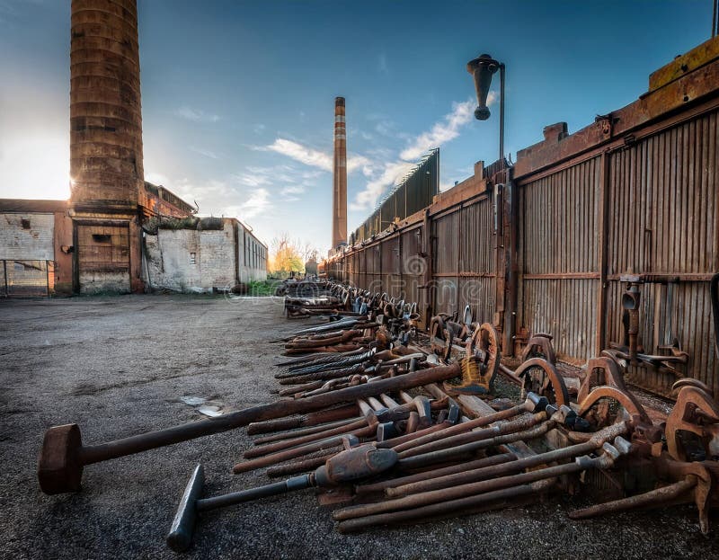 A Line of Abandoned Tools by a Locked Factory Gate, Symbolizing ...