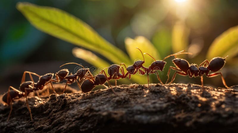 Close-up of Four Ants Collaborating on a Log at Sunset Stock ...