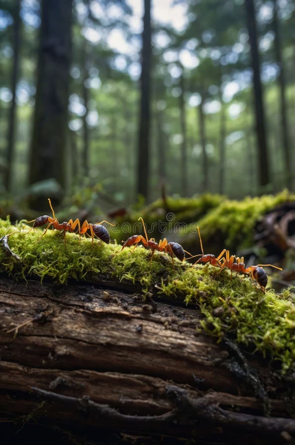 Red Wood Ants Marching on Mossy Log in Forest Stock Illustration ...