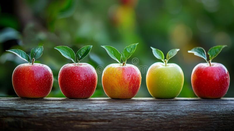 Line of Apple Fruit on Table Outdoors Stock Photo - Image of juicy ...
