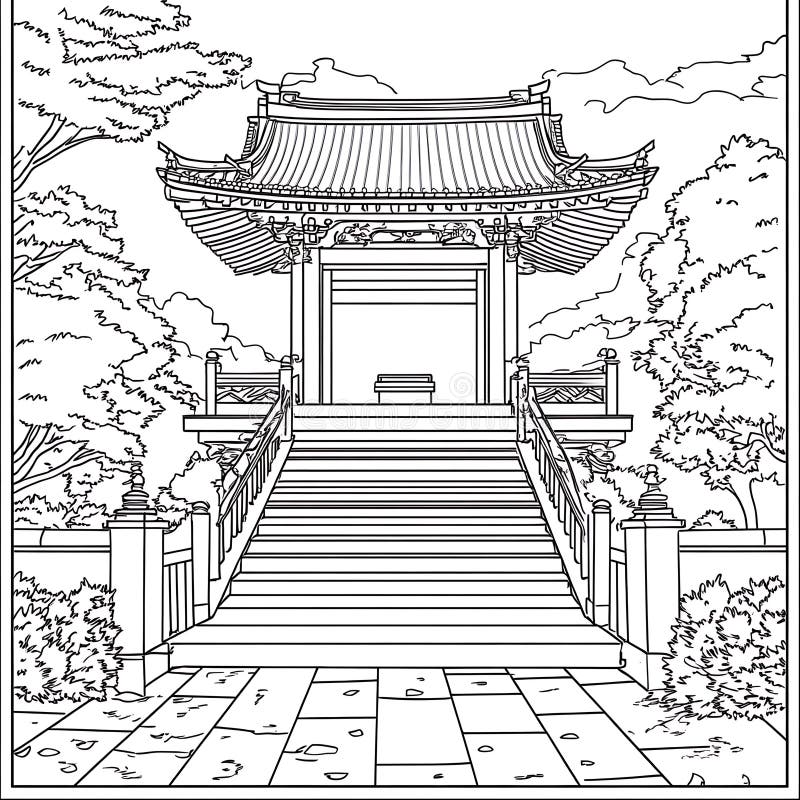 Line Art of Asian Temple with Stairs Stock Illustration - Illustration ...