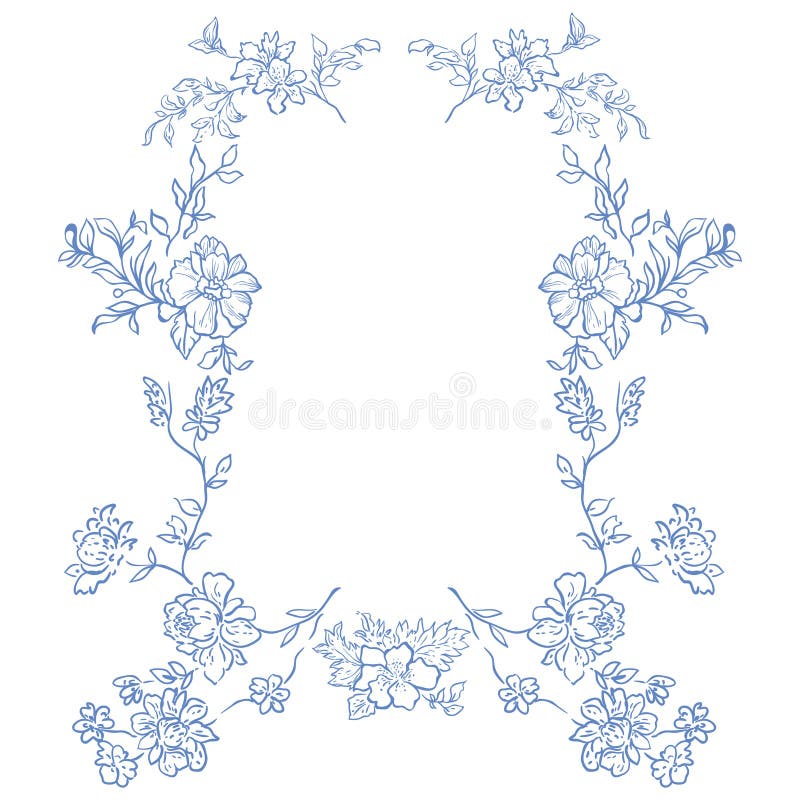 Line Art Blue Floral Frame. Stock Illustration - Illustration of flower ...