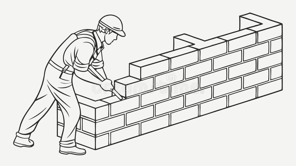 Line Art of a Bricklayer Constructing a Wall in Isometric View, Vector ...