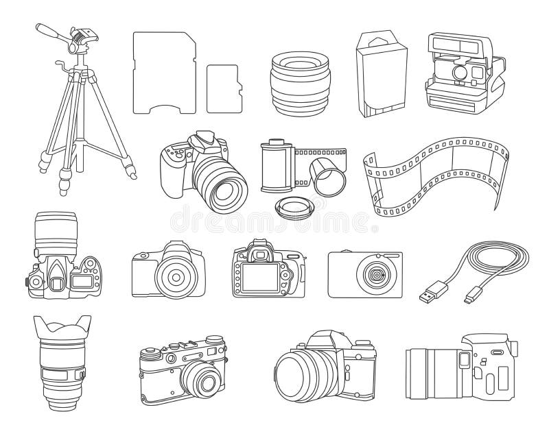 Line art camera and gear stock illustration. Illustration of symbol ...