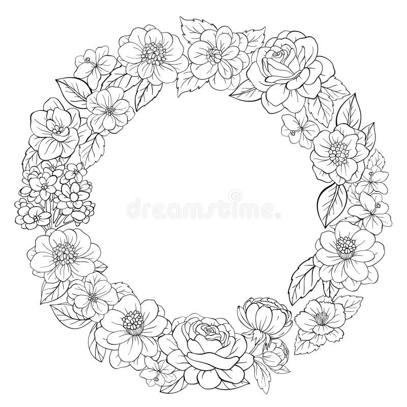 Line Art Circular Wreath Made of Floral Elements. Stock Illustration ...